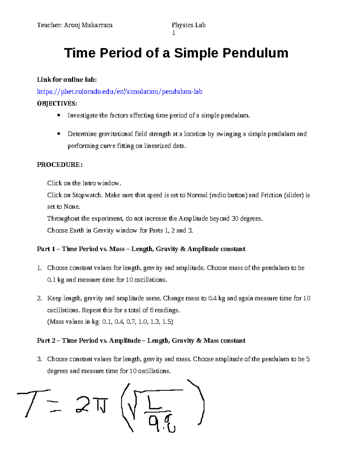 Pendulum Lab 1 (PHYS 2025): Investigating Time Period Factors - Studocu