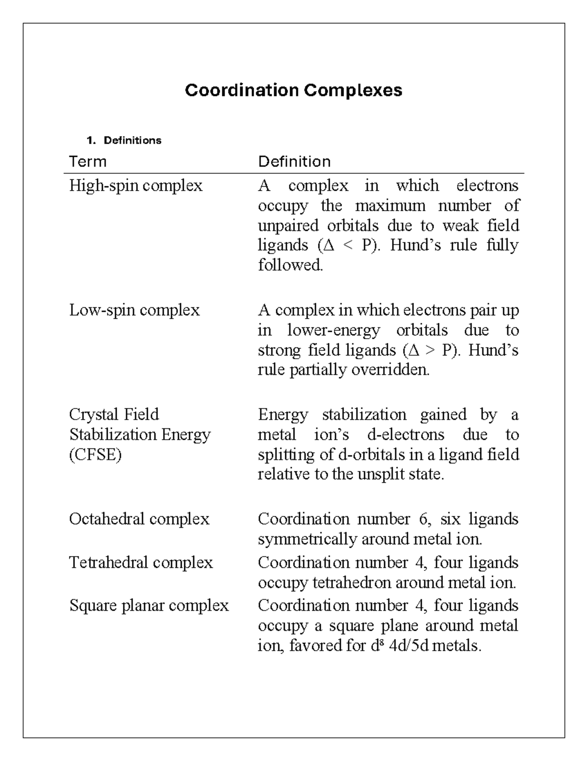 Coordination Complexes: Definitions and Properties Overview - Studocu