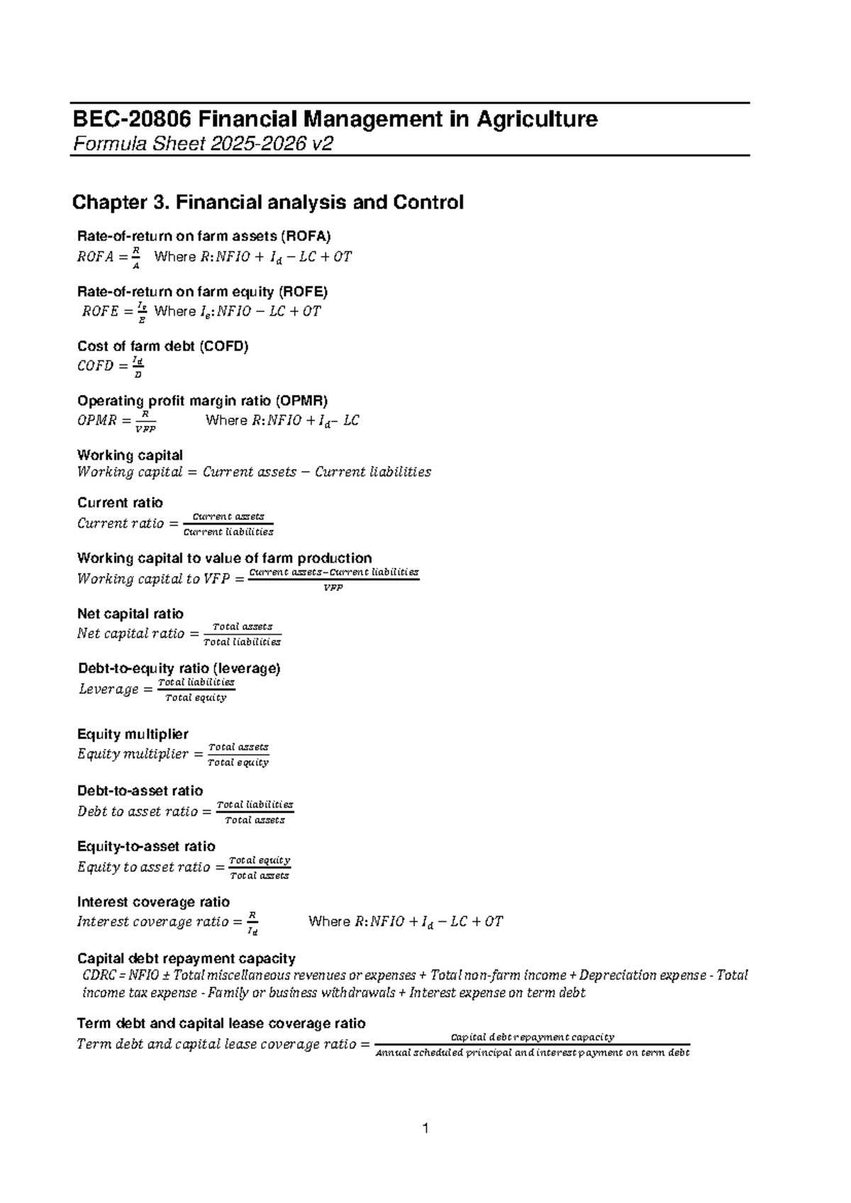 FMA 2025-2026 Formula Sheet: Financial Management in Agriculture ...