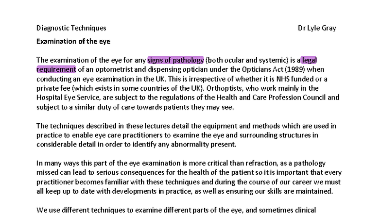 Ocular Examination Lecture Notes - Examination of the eye The ...