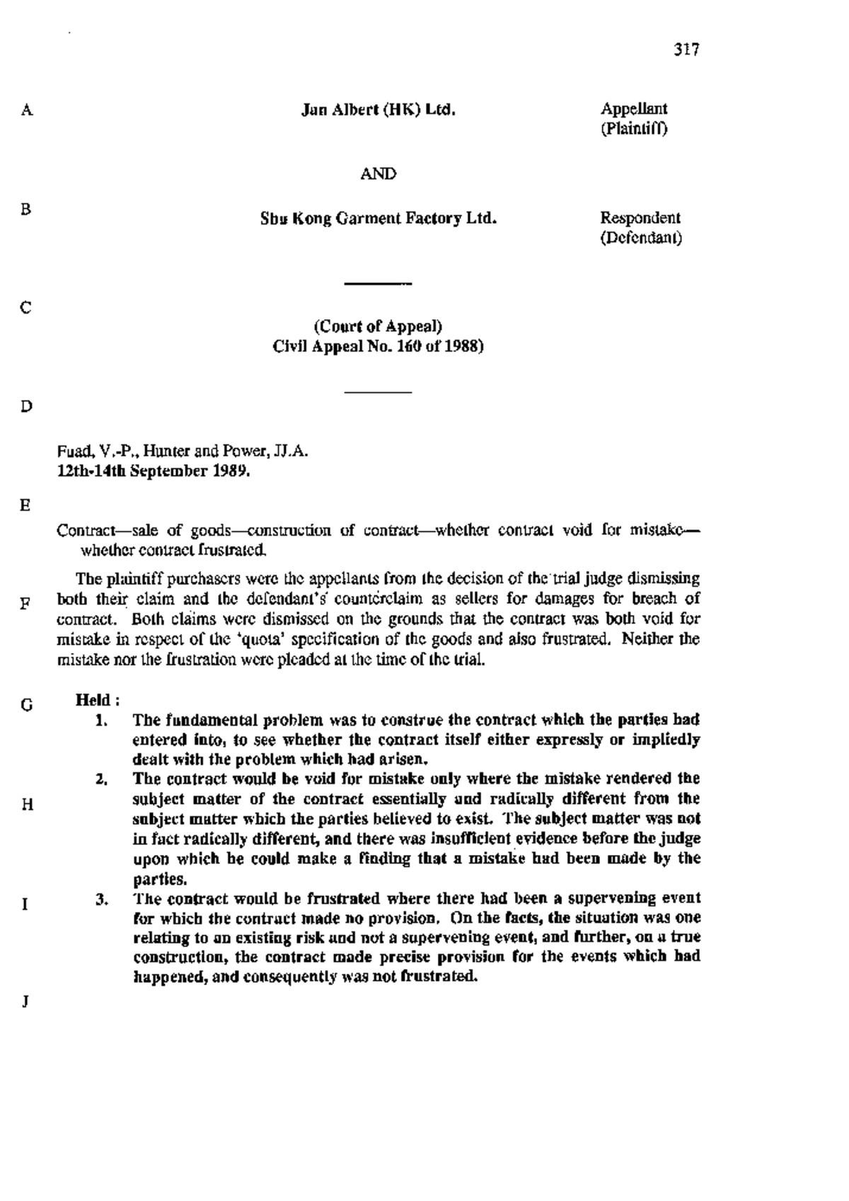 Jan Albert (HK) Ltd. v. Shu Kong Garment Factory Ltd. - CA 160/1988 ...