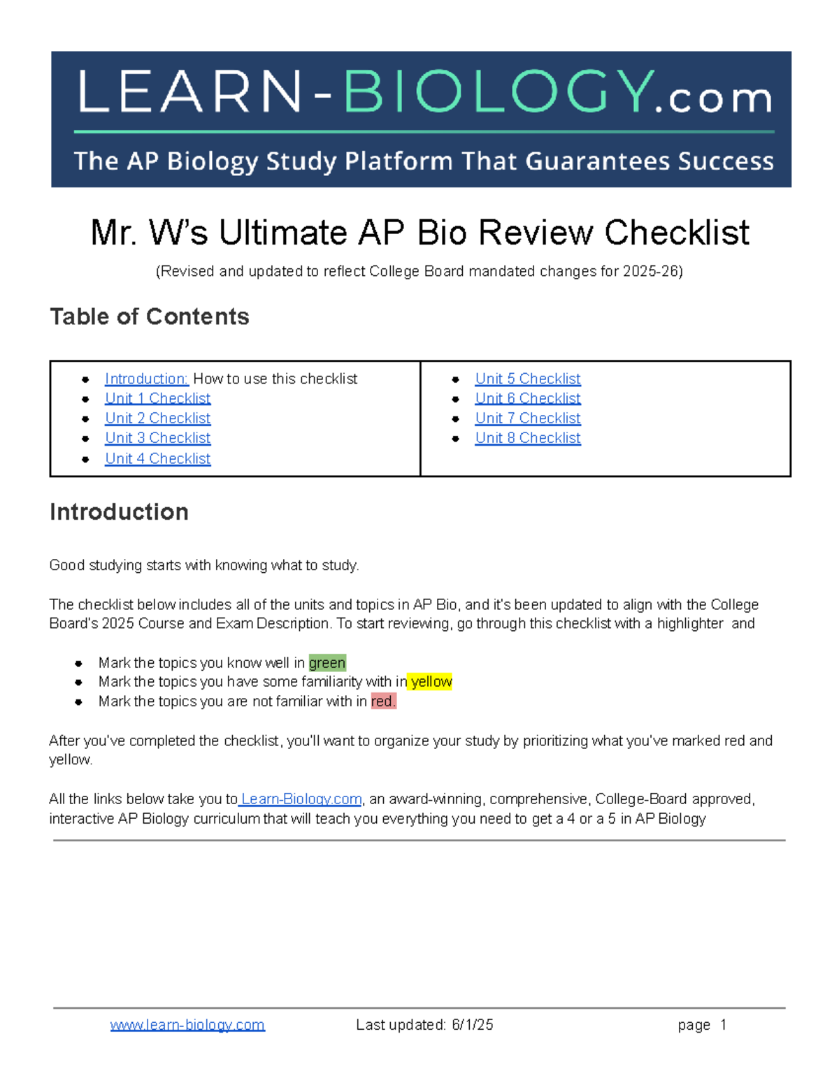 Mr. W's AP Bio Review Checklist for 2025 Exam Updates - Studocu