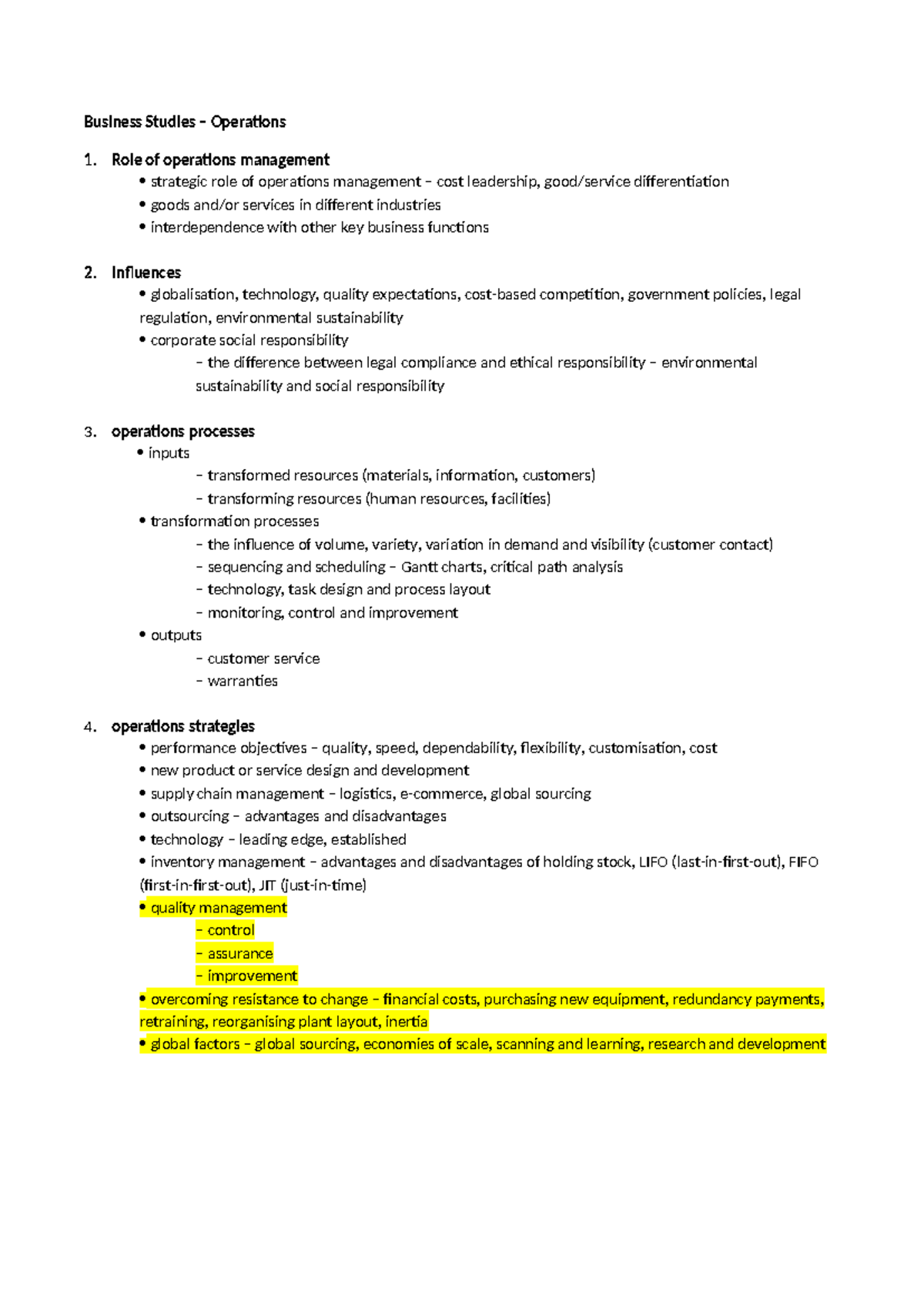 Business Studies HSC - Comprehensive Operations Management Notes - Studocu
