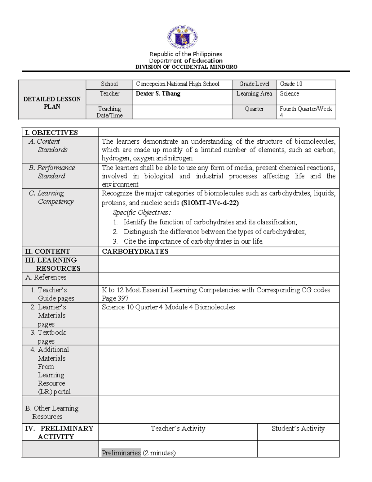 Detailed Lesson Plan on Carbohydrates for Science 10 (Quarter 4) - Studocu