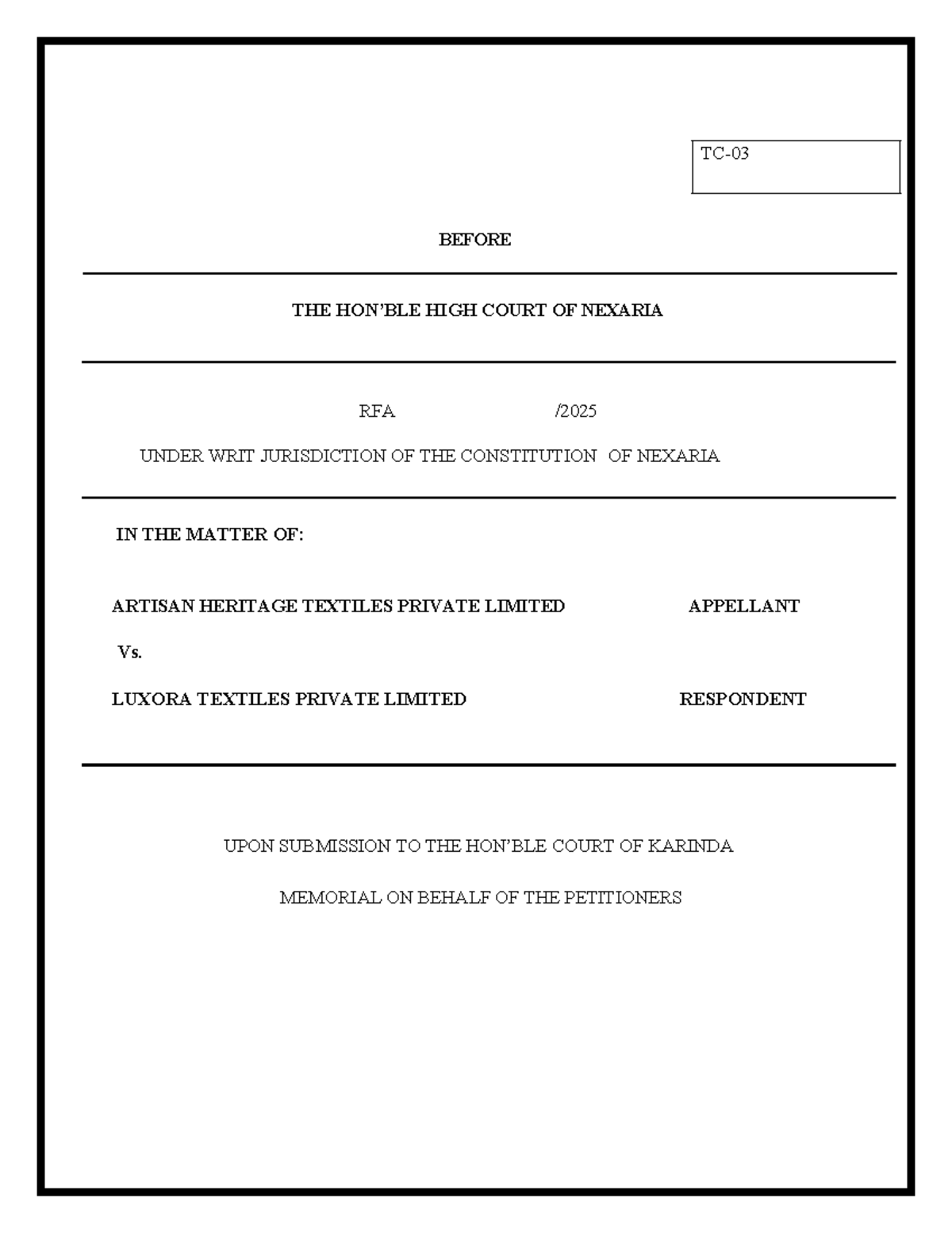 TC-15 Petitioner Memorial: Legal Arguments on Citizenship and Economic ...