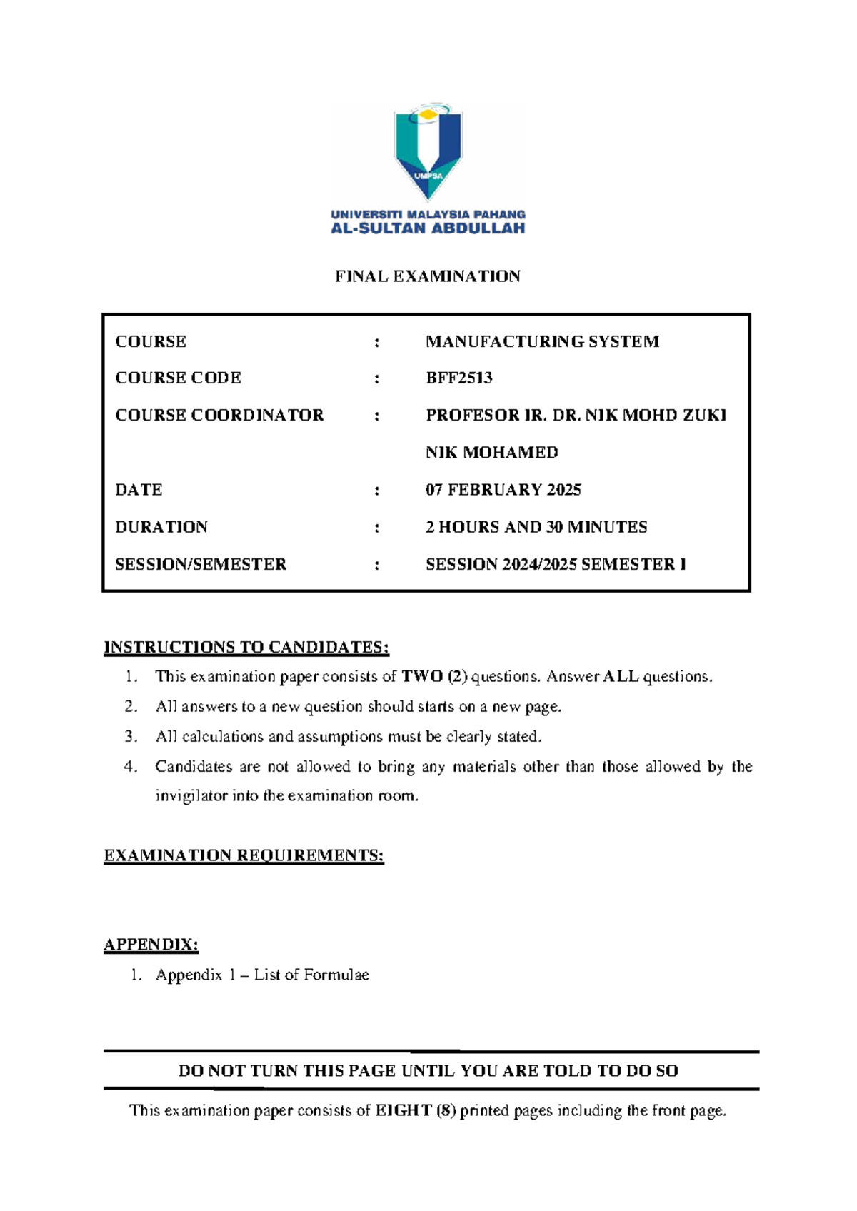 BFF2513 Final Exam: Manufacturing System S1 2025 Analysis & Questions ...