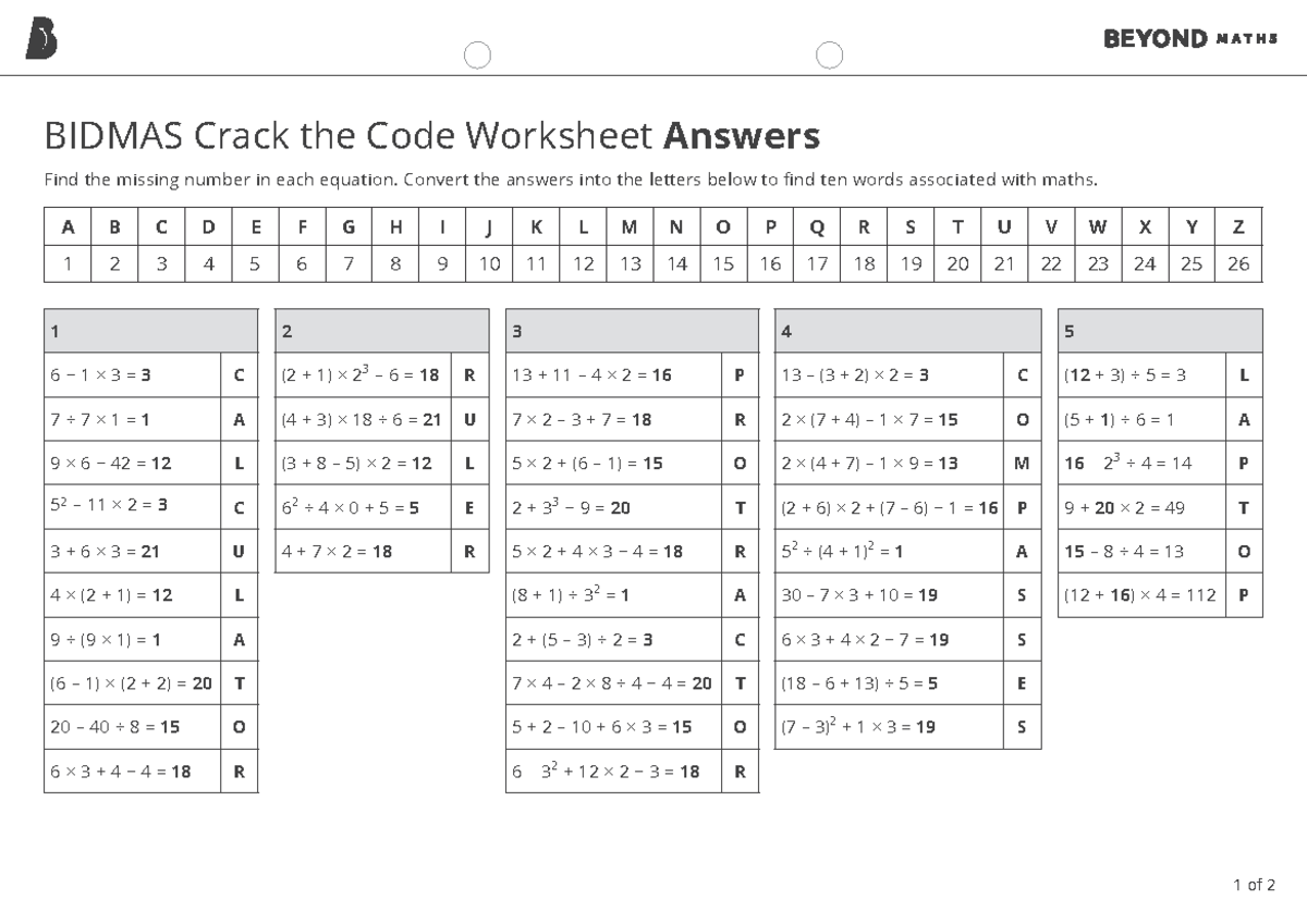 BIDMAS Crack the Code Worksheet Answers: Find Missing Numbers - Studocu