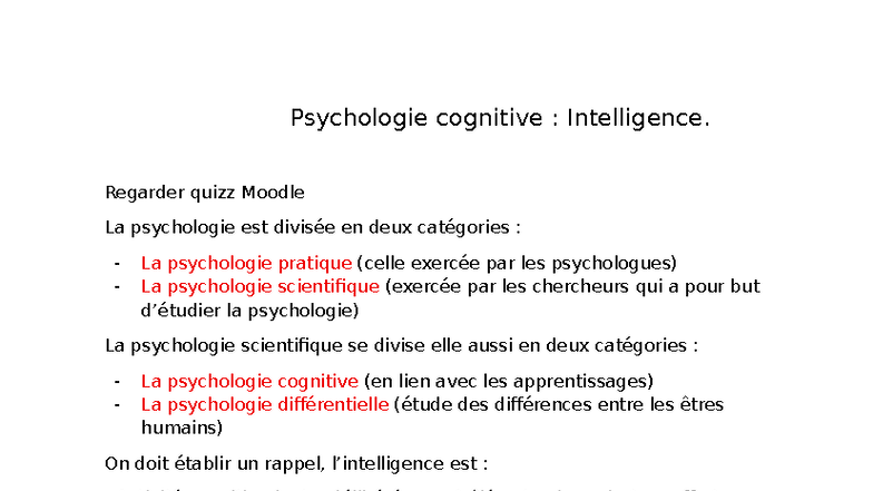 Psychologie Cognitive : Intelligence et Quiz Moodle - Studocu