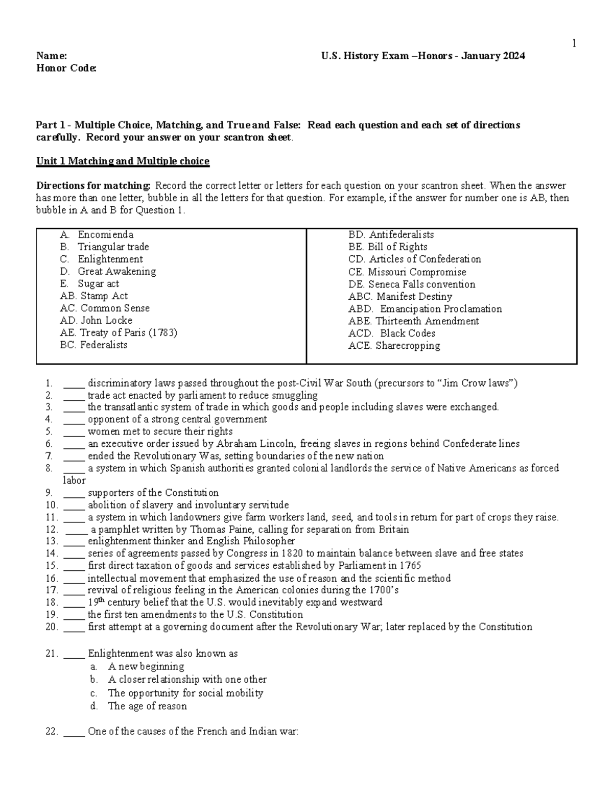 U.S. History Honors Midterm Exam Guide - January 2024 - Studocu