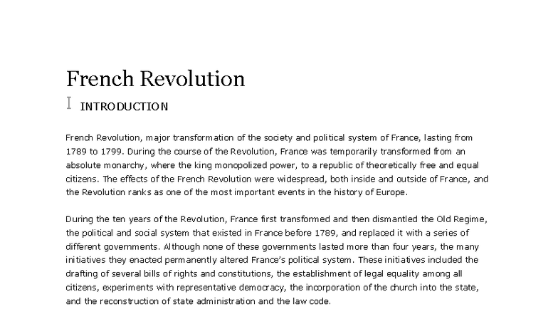 French Revolution I: Key Events and Transformations (1789-1799) - Studocu