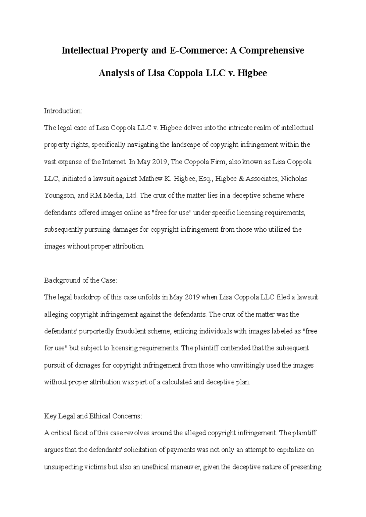 Week 8 - Analysis of Lisa Coppola LLC v. Higbee Case Study - Studocu