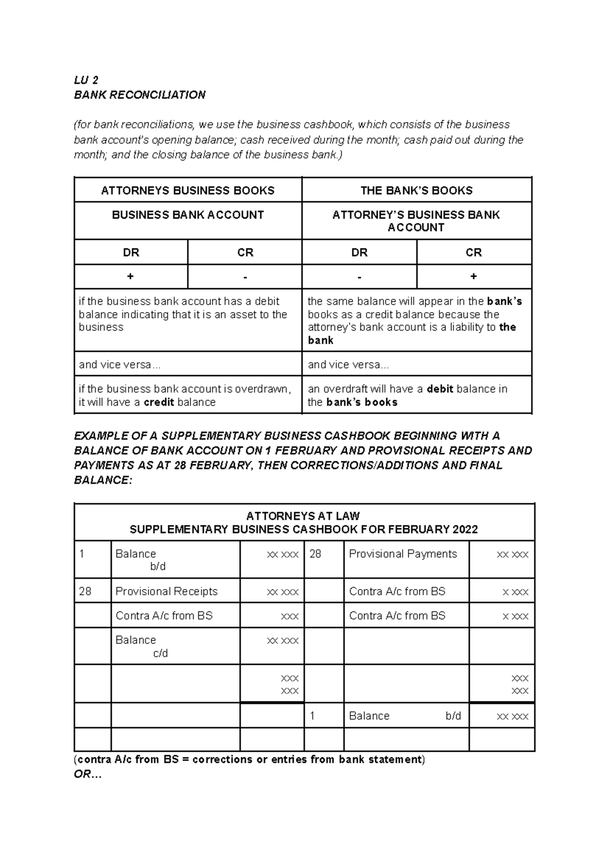 BANK Reconciliation Exercises - Practice Tables for LU 2 - Studocu