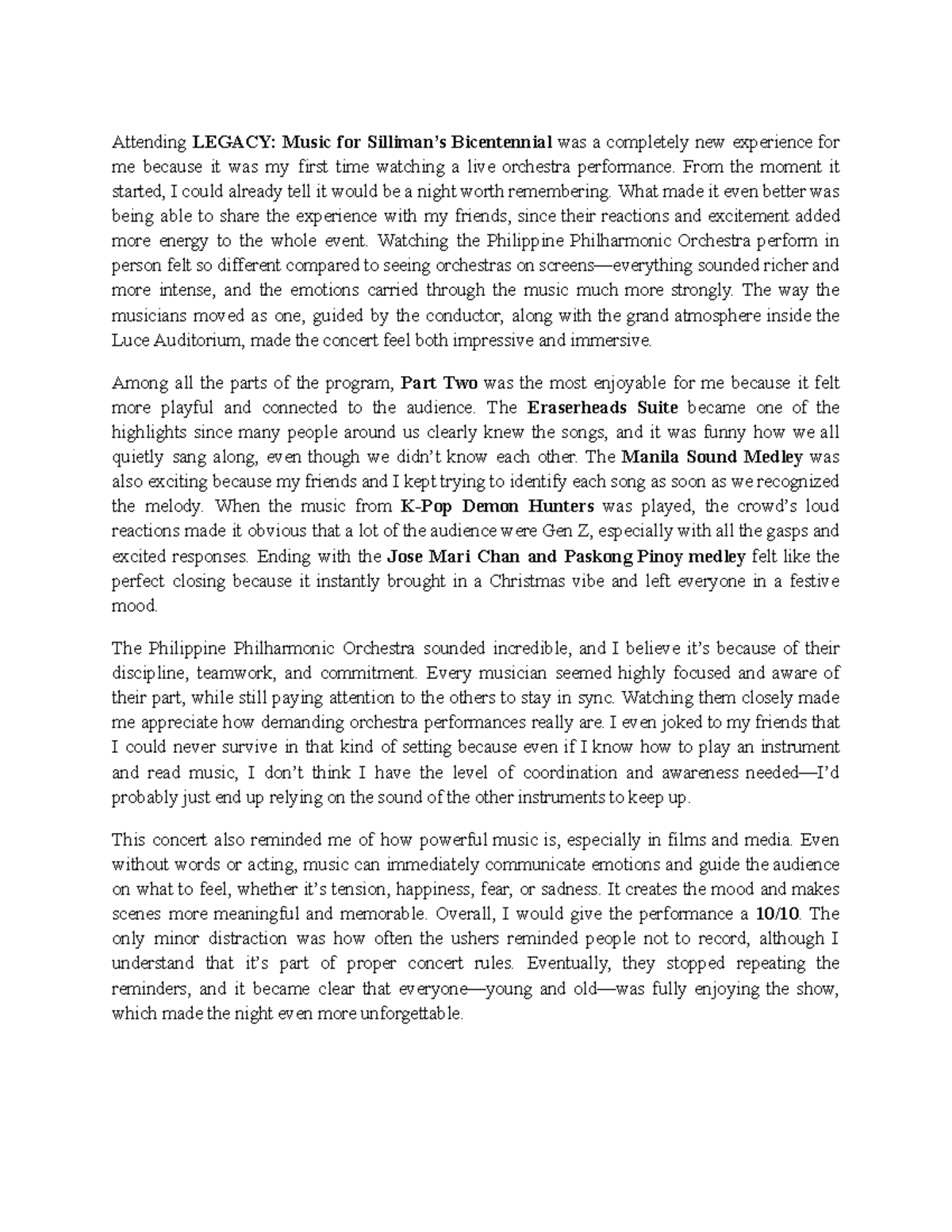 Reflection on LEGACY: Music for Bicentennial Concert Experience - Studocu