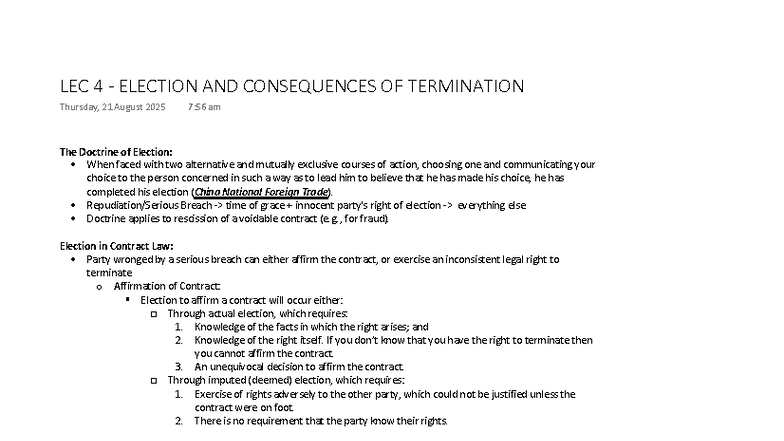 LEC 4 - Election and Consequences of Termination Explained - Studocu