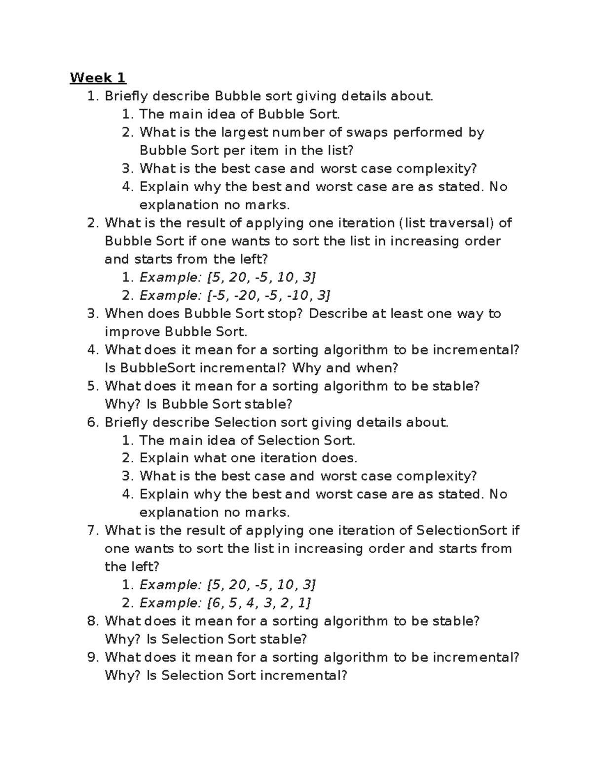 Week 1 - Sorting Algorithms: Bubble, Selection, and Insertion Sort - Studocu
