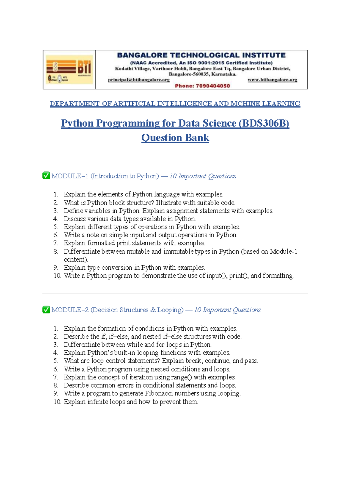 BDS306B Python Programming for Data Science: Question Bank on Python Basics - Studocu