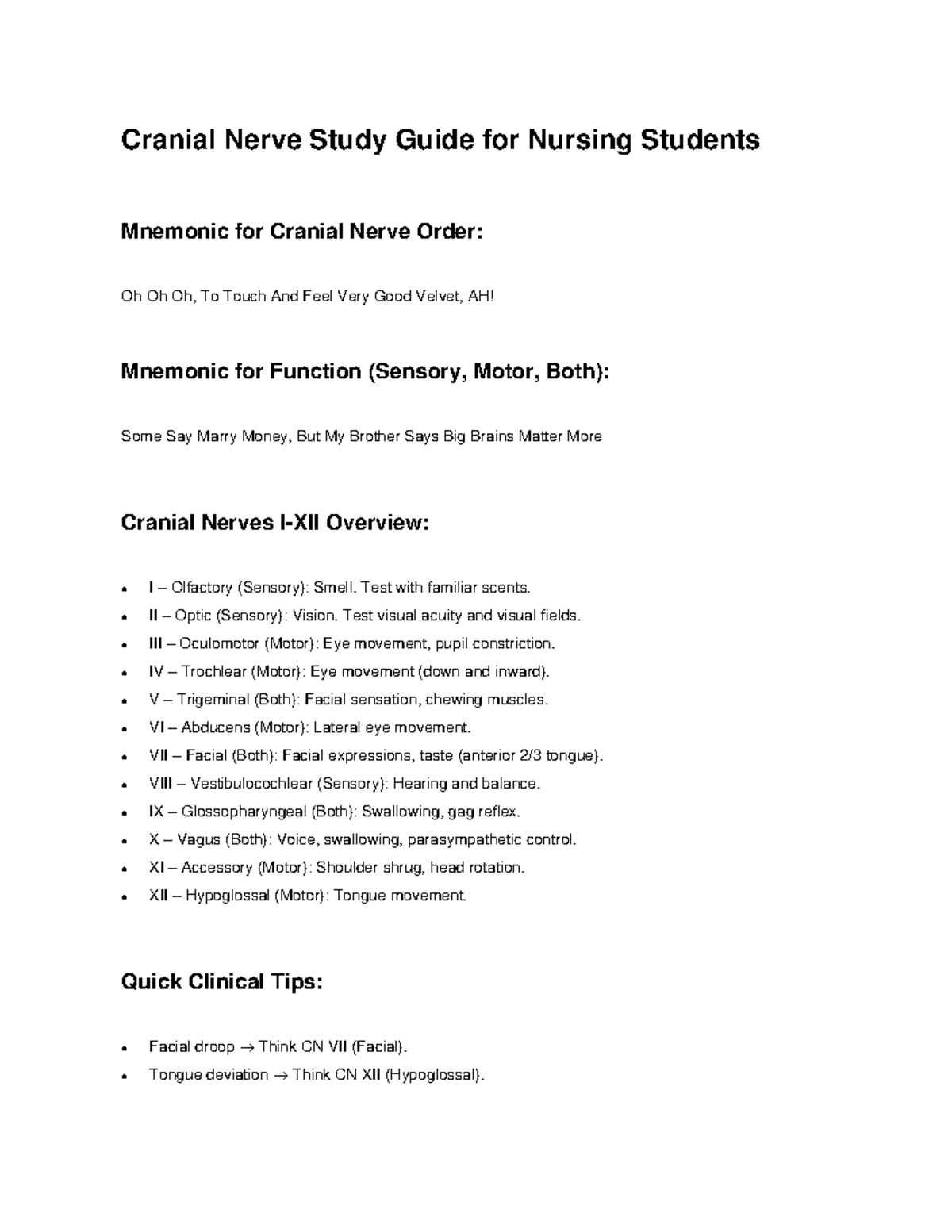 Cranial Nerve Study Guide for Nursing Students: Mnemonics & Tips - Studocu