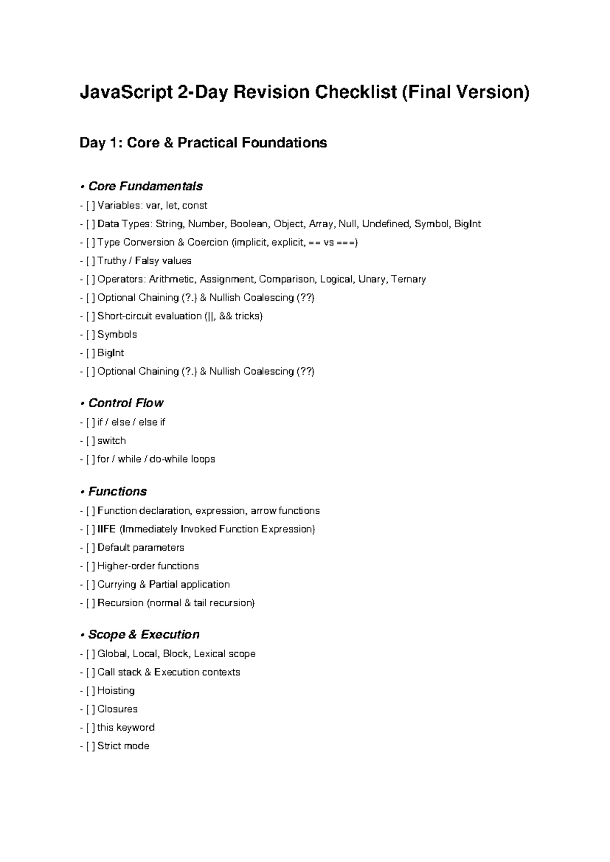 JavaScript 2-Day Revision Checklist (Final Version) - Studocu