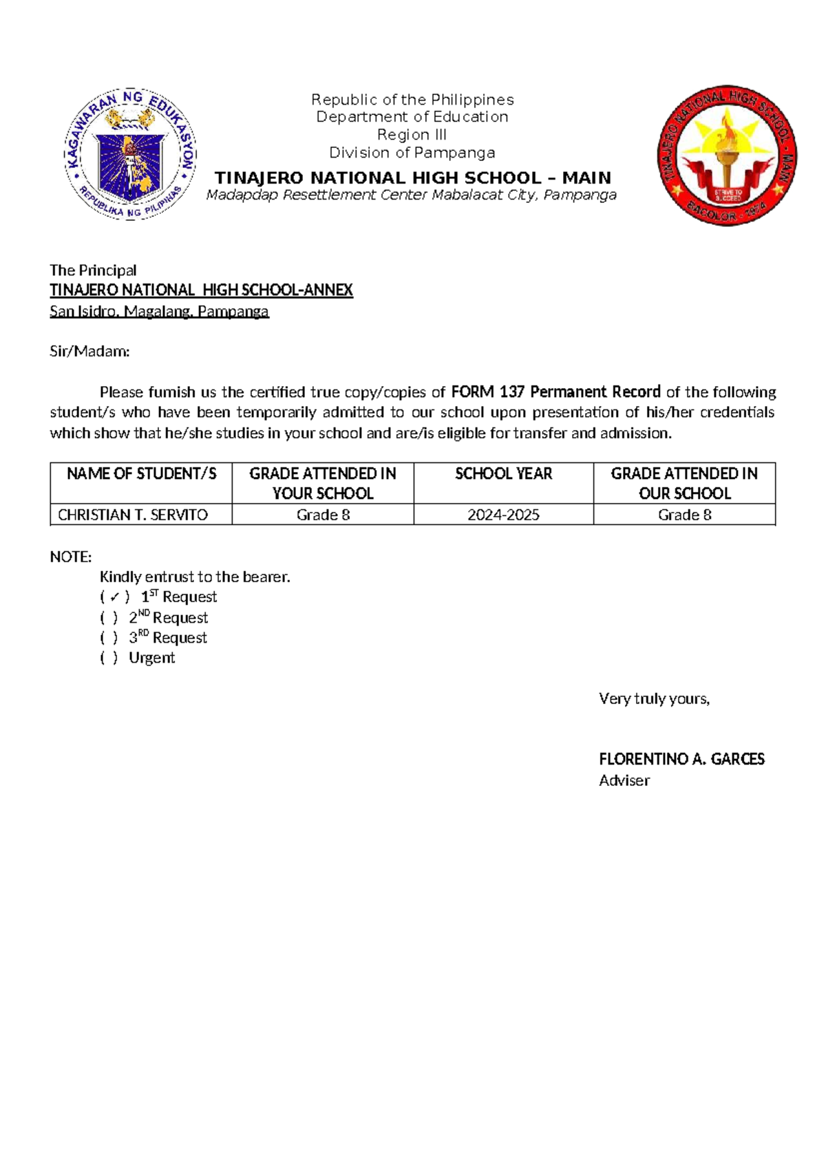 F137 Request for Certified True Copy of FORM 137 Records - Studocu