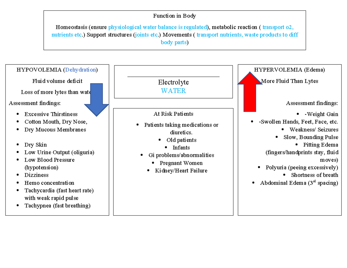 Electrolyte Imbalances in Body: Concept Map on Water, Na, K, Ca - Studocu