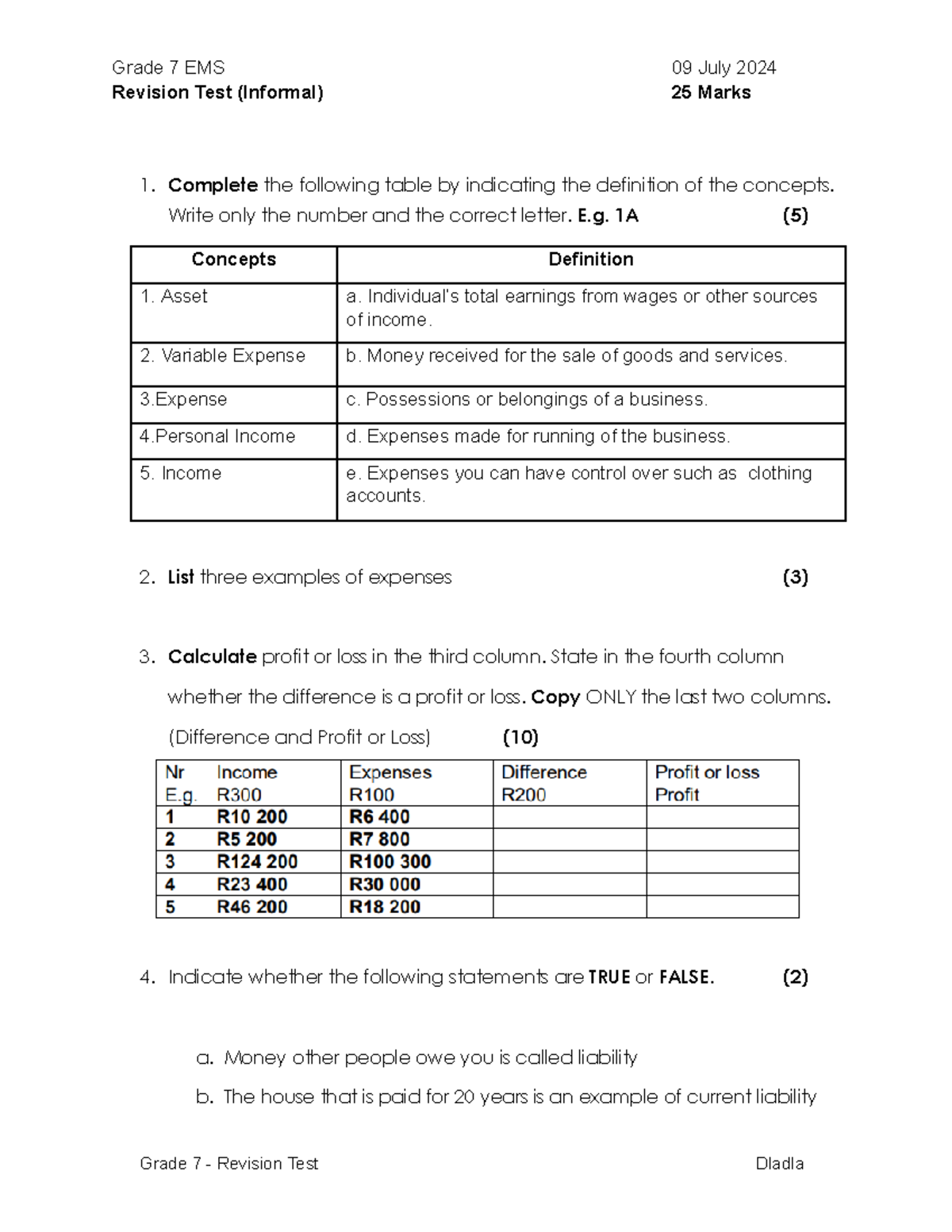 Grade 7 EMS - Financial Literacy Revision Test for Term 2 (25 Marks ...