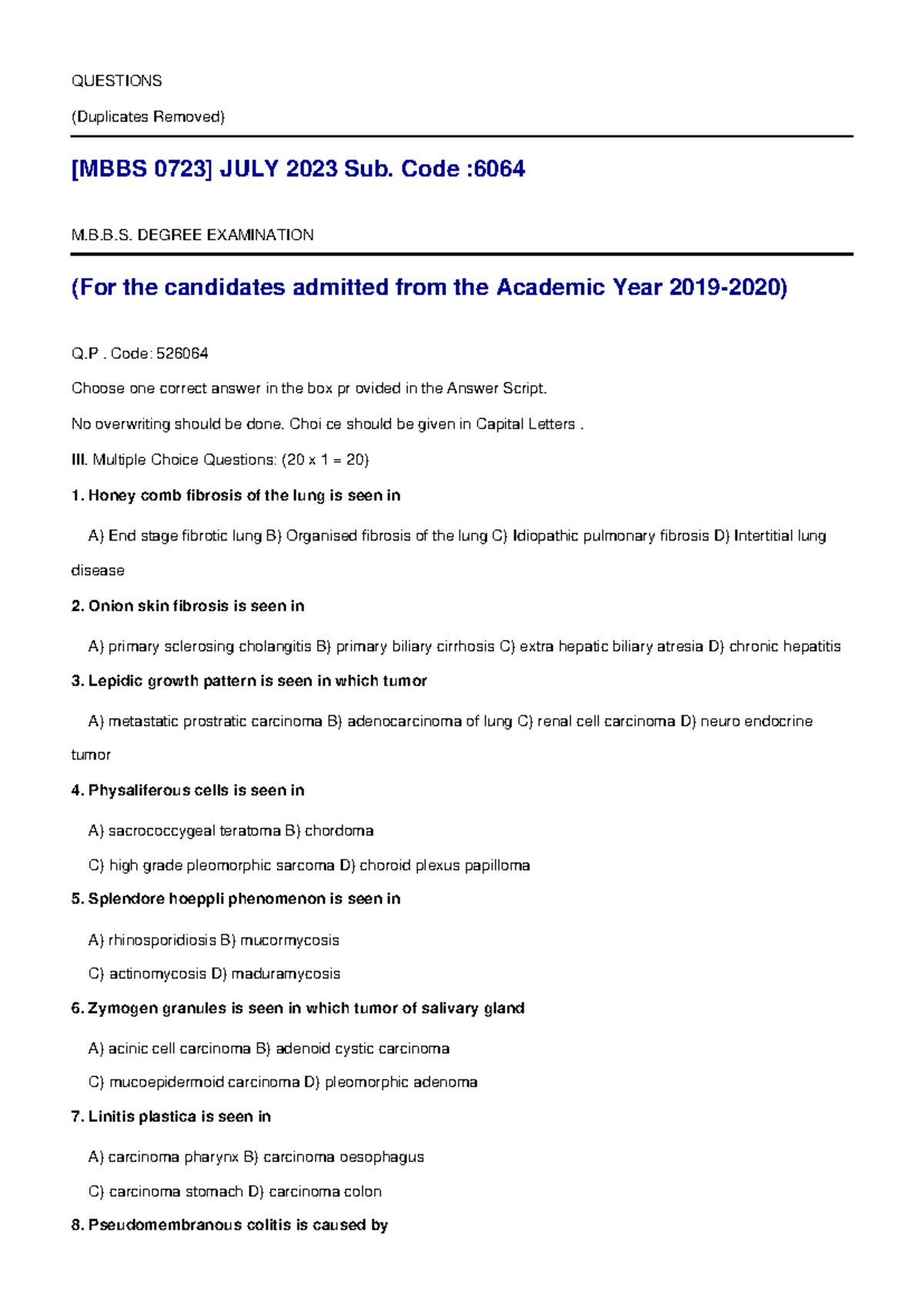 M.B.B.S. Pathology MCQs - July 2023 & February 2024 (Sub. Code: 6064 ...