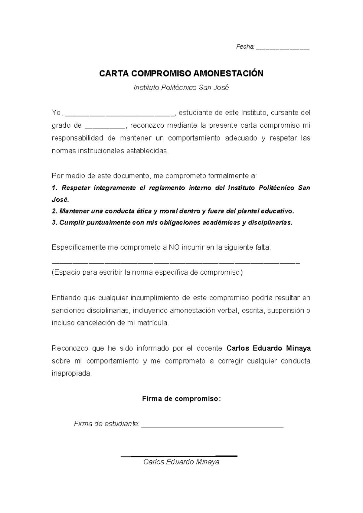 Carta Compromiso Amonestación - Instituto Politécnico San José - Studocu