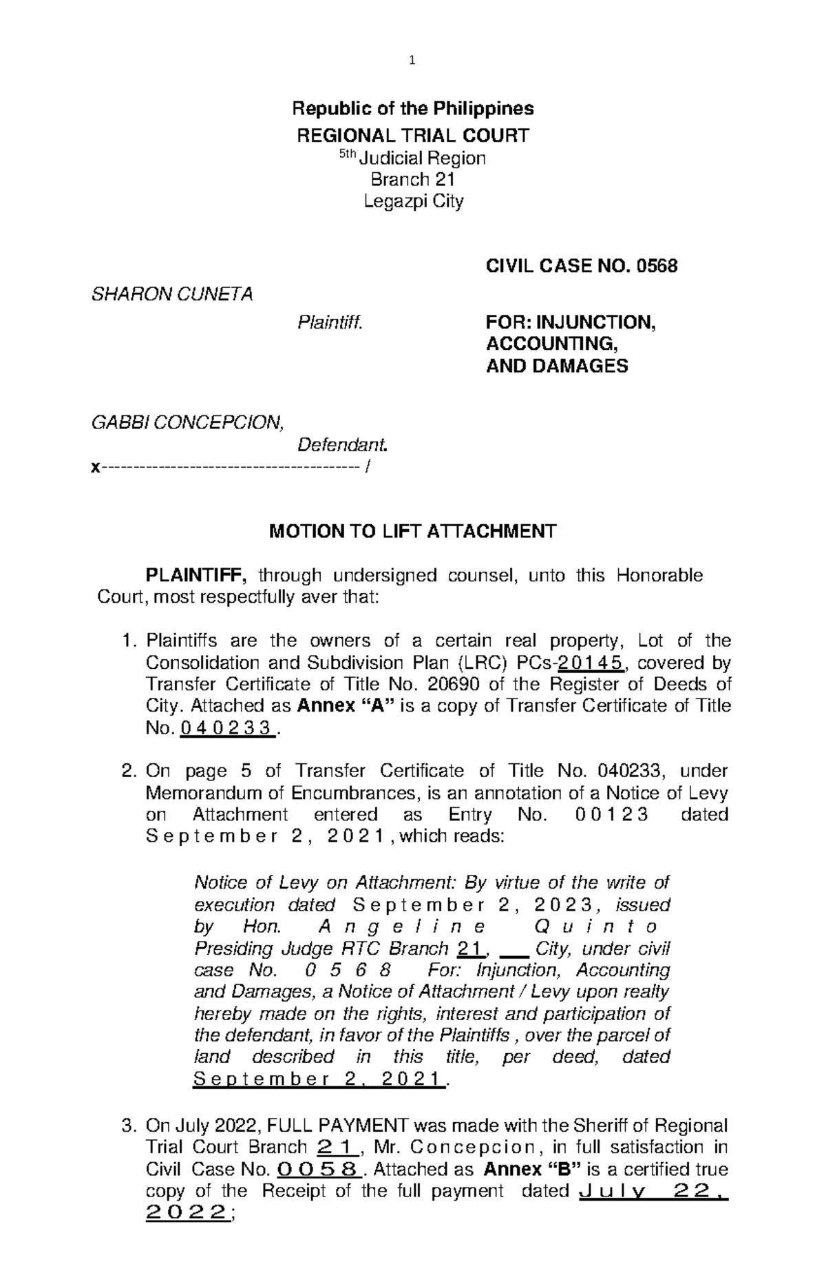 Replevin Complaint: ABC Rent-A-Car vs. John Doe (Civil Case No. 112098 ...