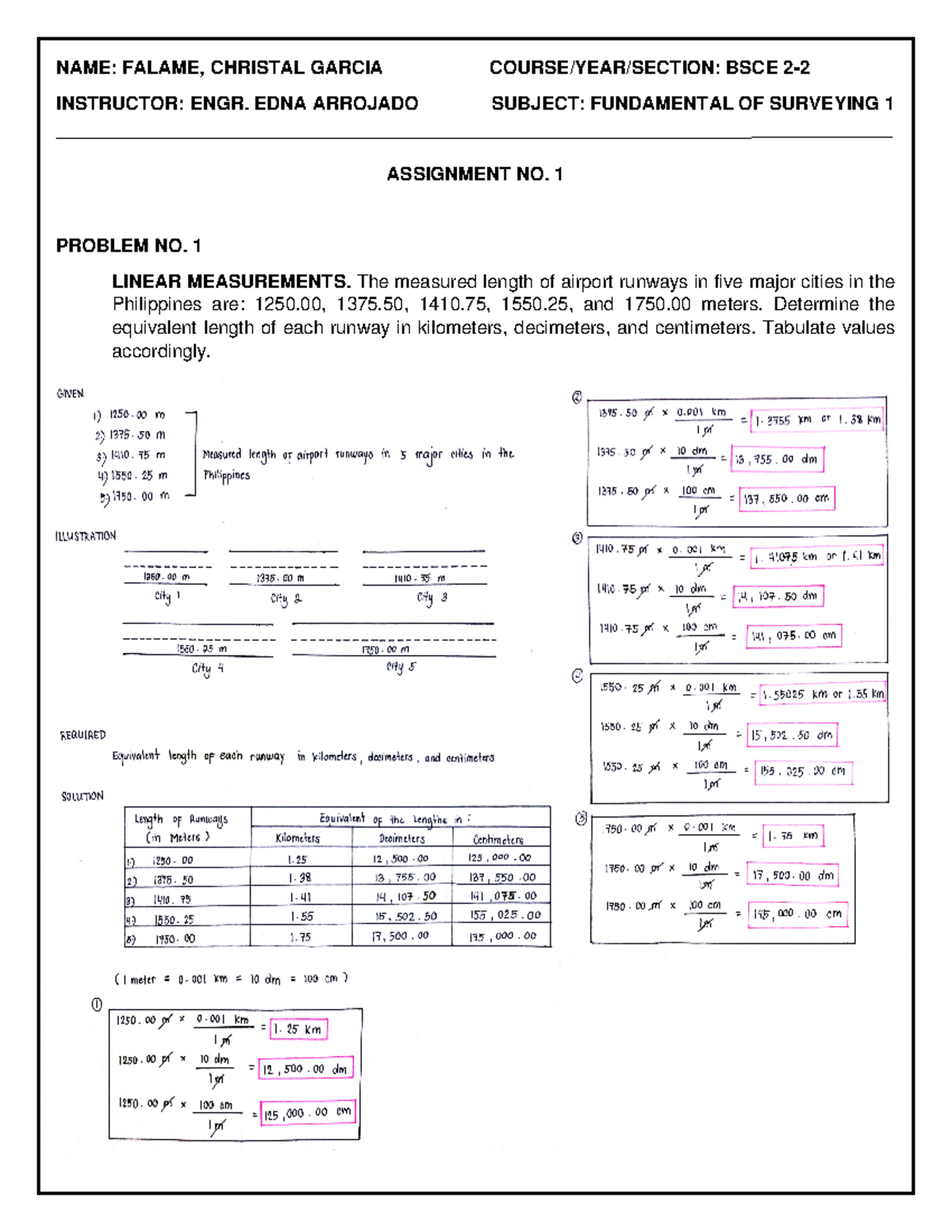BSCE 2- Assignment 1 - Fundamental of Surveying 1 - Measurements & Calculations - Studocu