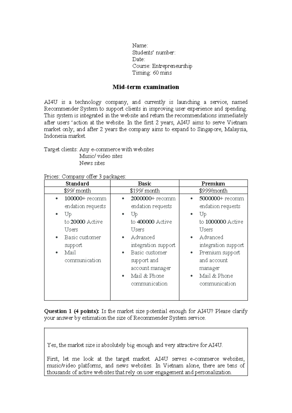 Mid-term Exam 1224: AI4U Recommender System Market Analysis - Studocu