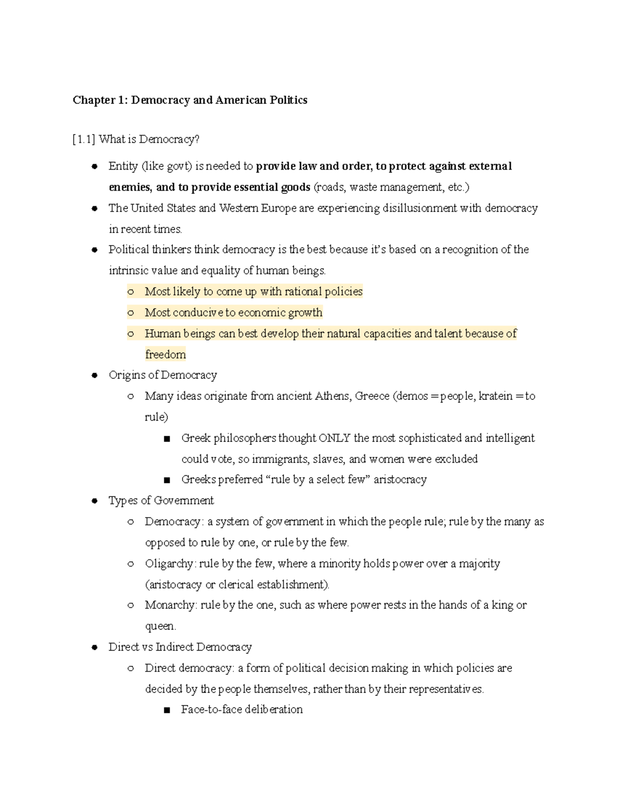 POS2041 Chapter 1-2 Notes: Democracy, Government, and Constitution ...