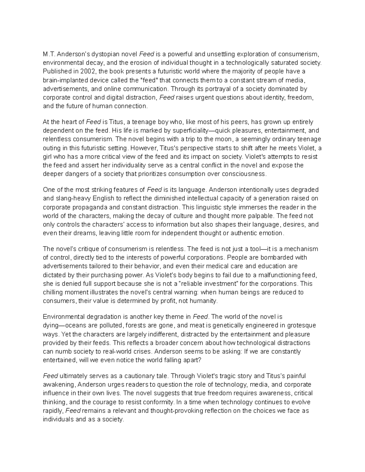 ENG 101 Essay: Critical Analysis of Dystopian Themes in "Feed" - Studocu