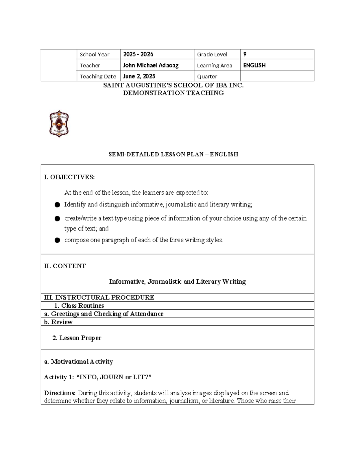 Grade 9 English Lesson Plan: Informative, Journalistic & Literary ...