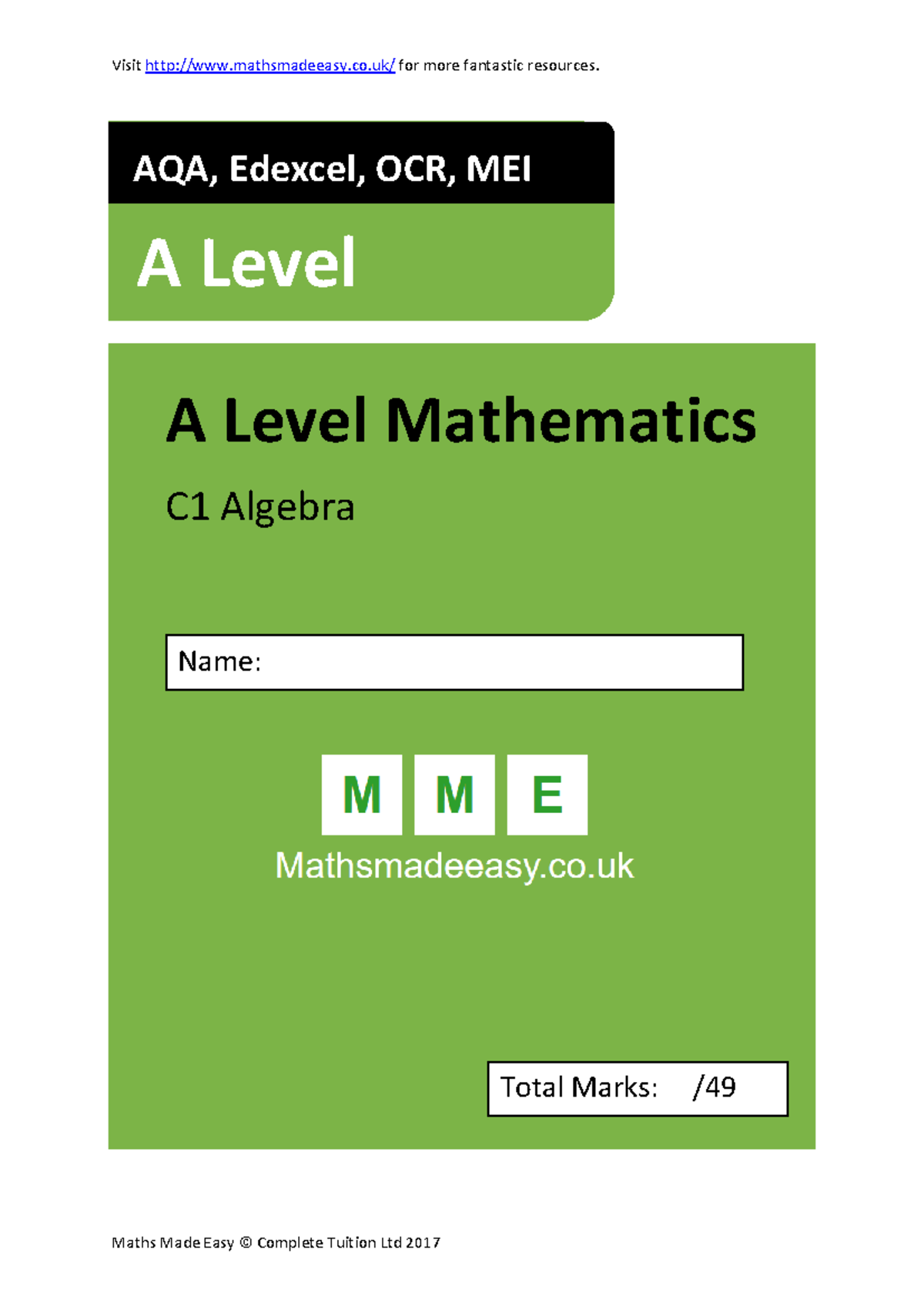 C1 A Level Maths Algebra Questions for AQA, OCR, Edexcel, MEI - Studocu