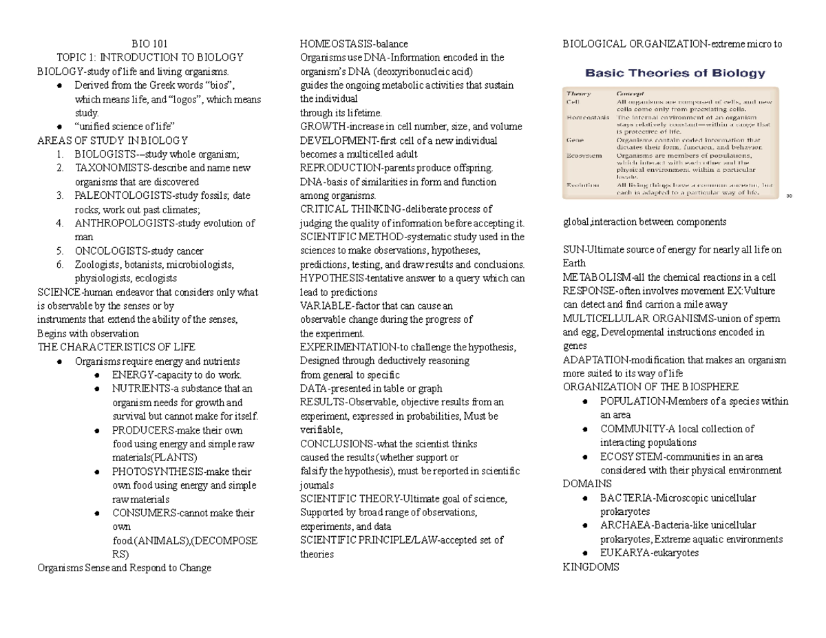 BIO 101 Lecture Notes: Introduction to Biology & Cell Structure - Studocu