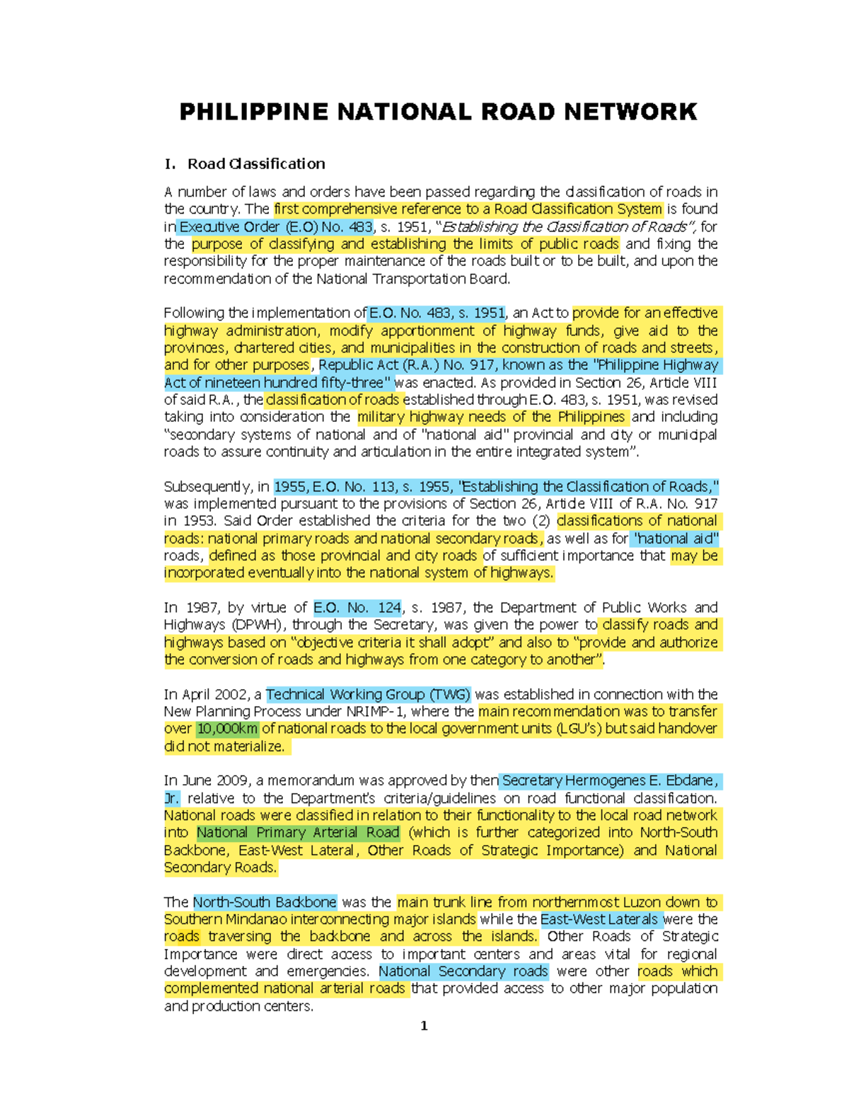 PHILIPPINE NATIONAL ROAD NETWORK: Road Classification Overview - Studocu