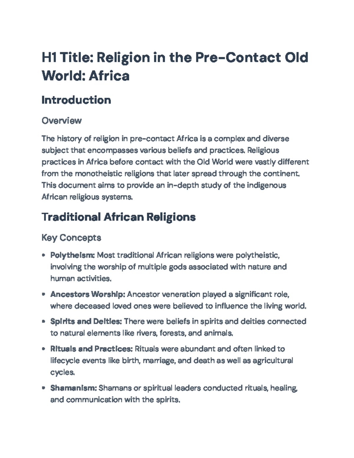 Pre-Contact African Religions: Diversity and Cultural Impact - H1 Title ...