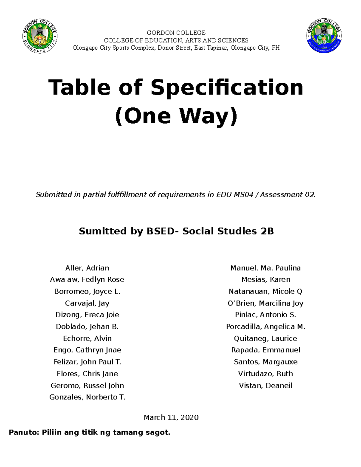 Complete ONE WAY TWO WAY Table OF Specifications - COLLEGE OF EDUCATION ...