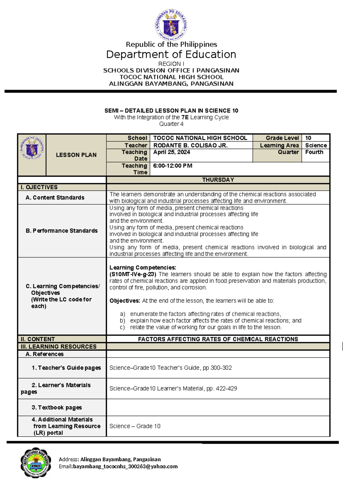 Science 10 - Lesson Plan on Factors Affecting Chemical Reactions - Studocu