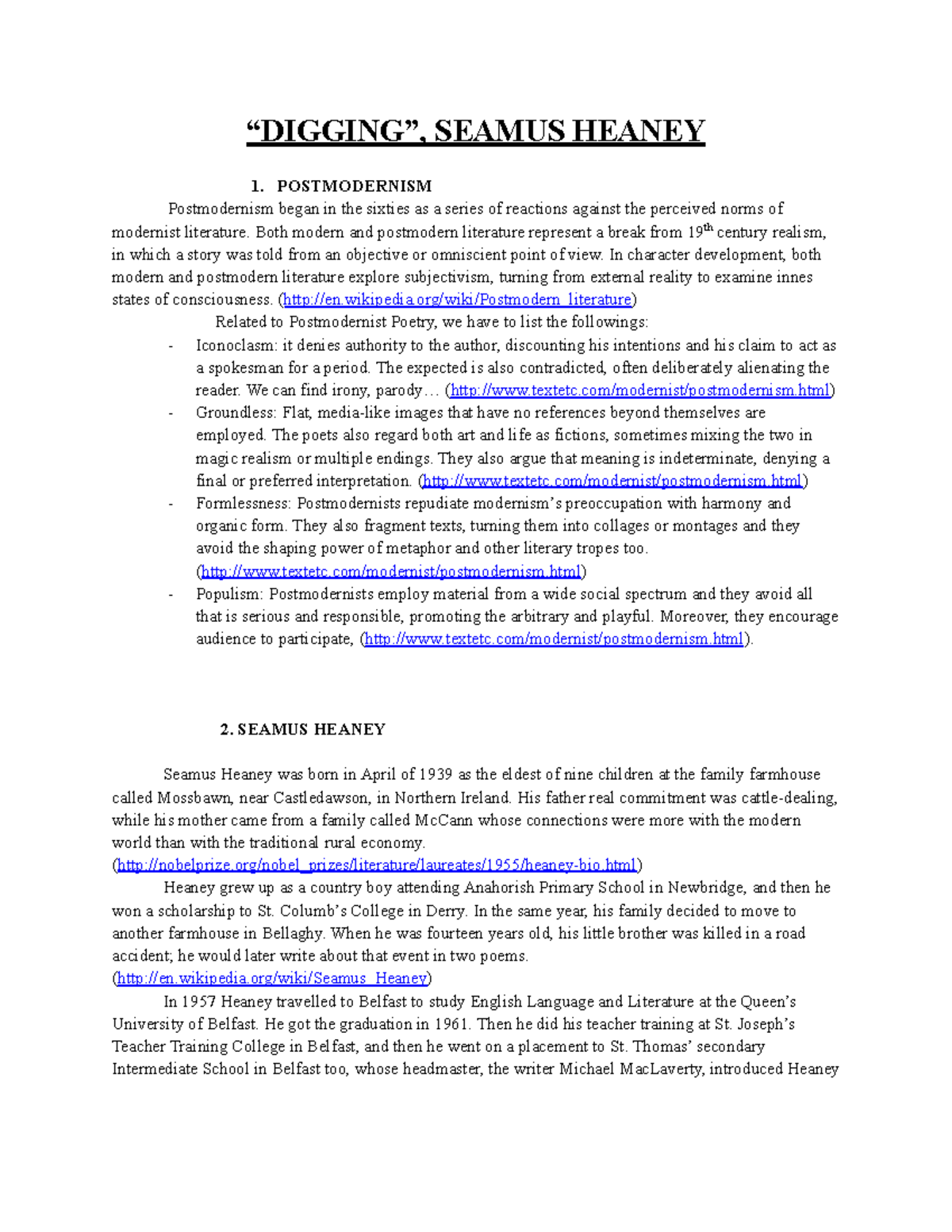 “Analysis of 'Digging' by Seamus Heaney: Postmodern Elements Explored ...