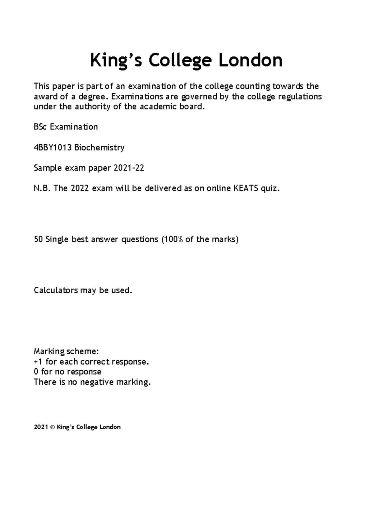 4BBY1013 sample exam paper 2021-22 WITH answers - King’s College London ...