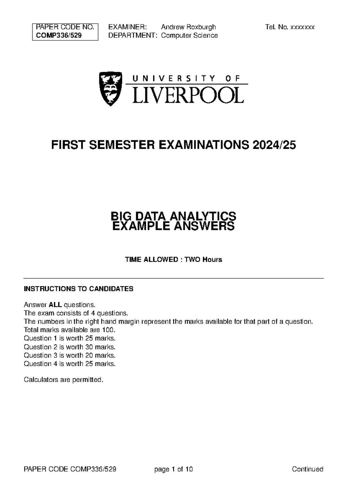 COMP336 529 Final Exam 2024: Big Data Analytics Example Answers - Studocu