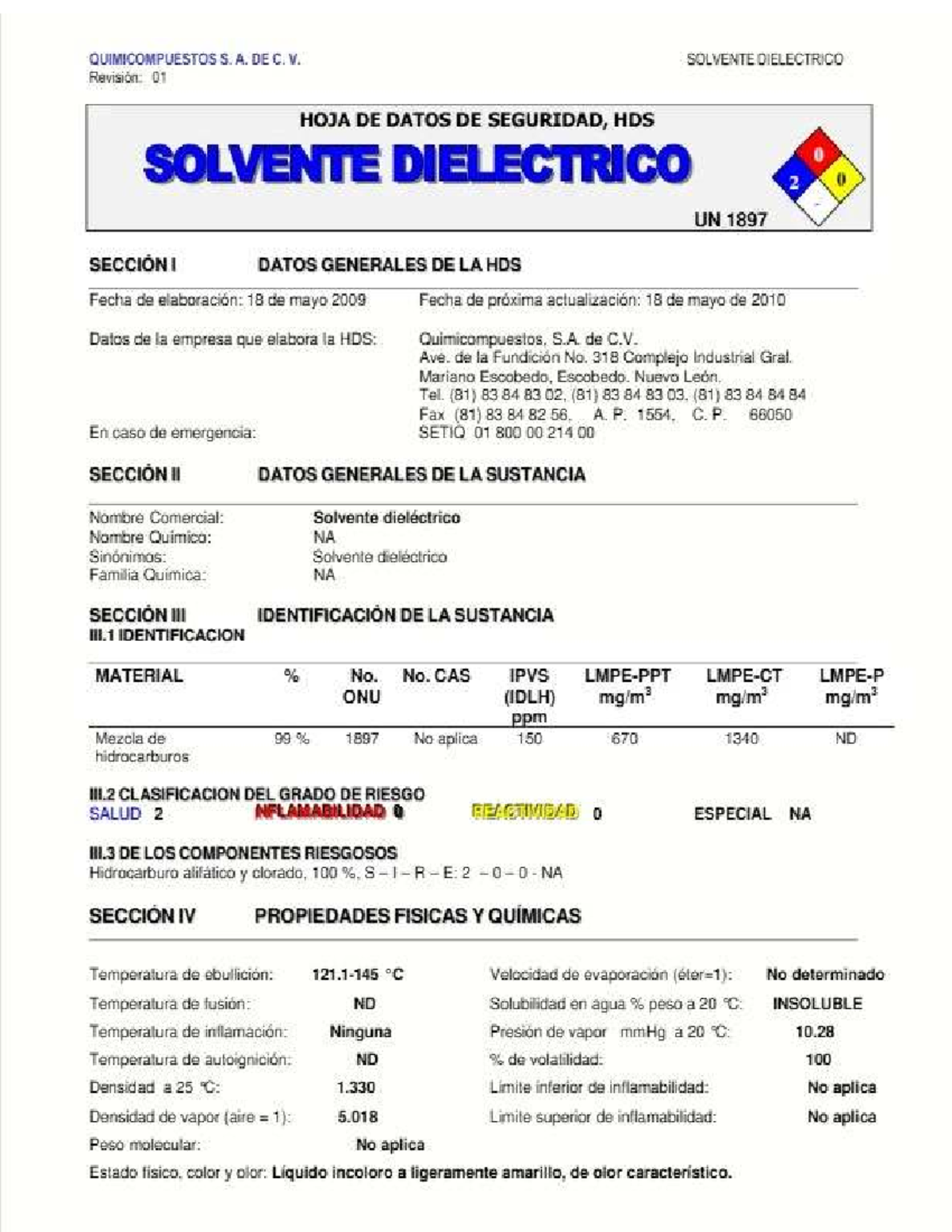 FICHA TÉCNICA DEL SOLVENTE DIELECTRICO - QUIMICOMPUESTOS S.A. - Studocu