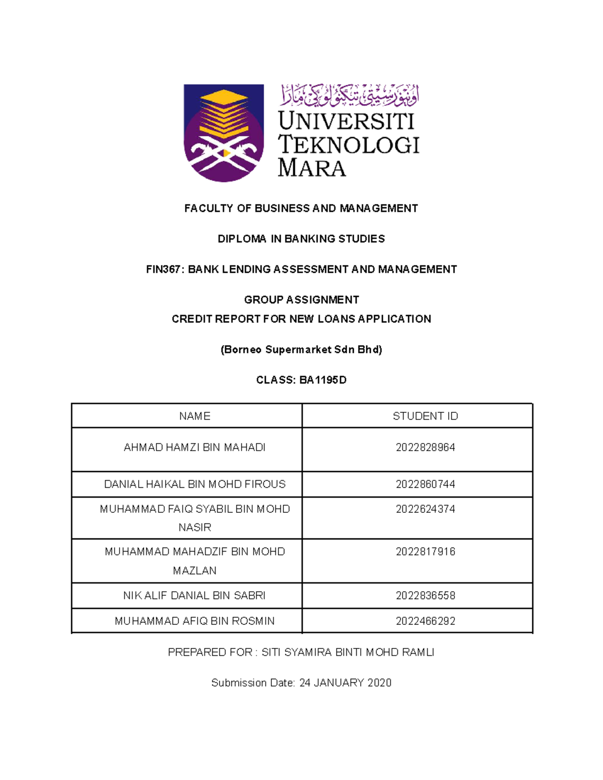FIN367: Group Credit Report for New Loan Application - Borneo ...