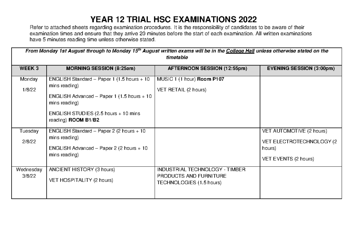 Yr 12 Trial HSC Exam Timetable 2022 - YEAR 12 TRIAL HSC EXAMINATIONS ...