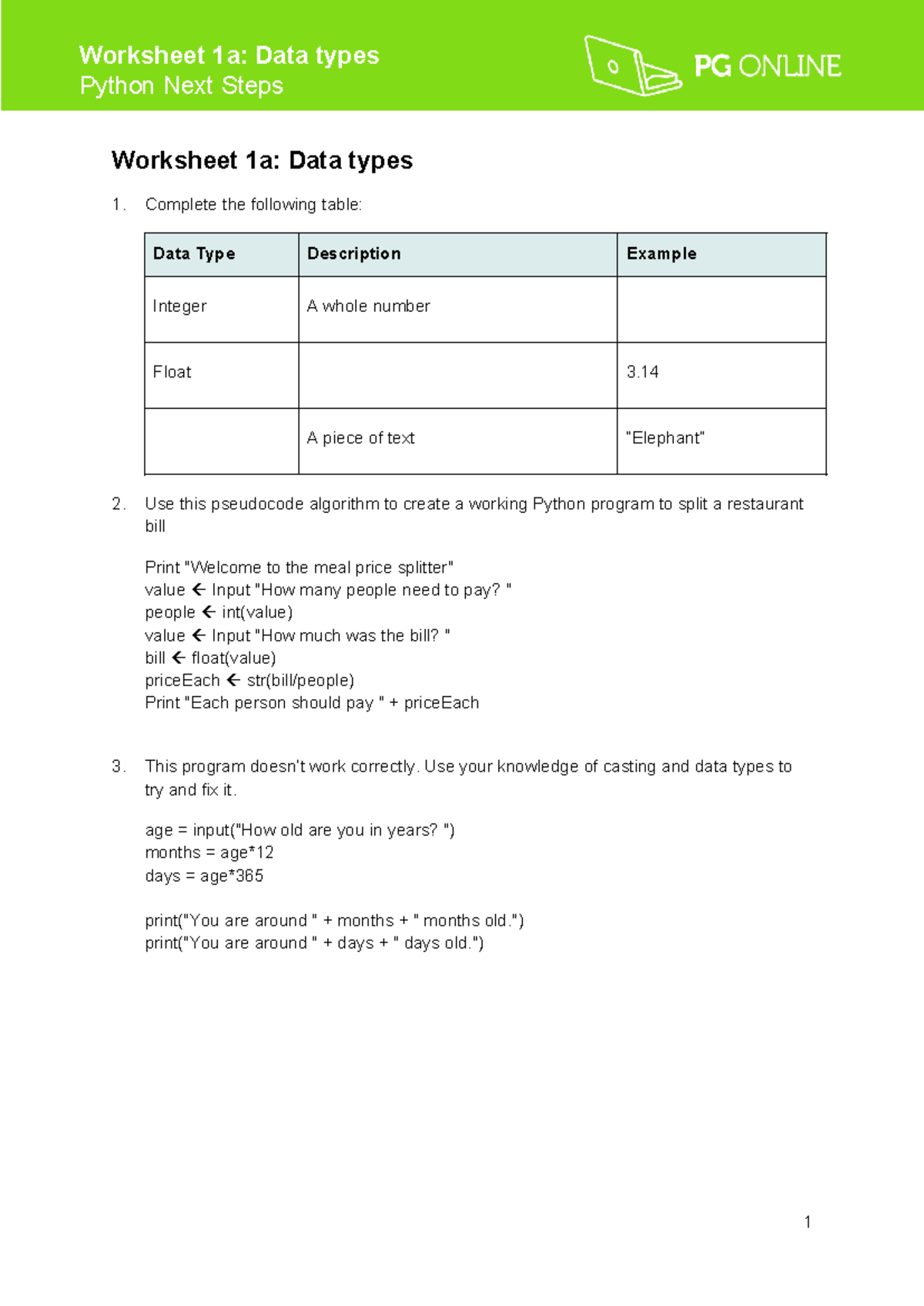 Python Next Steps 1a: Exploring Data Types and Program Fixes - Studocu