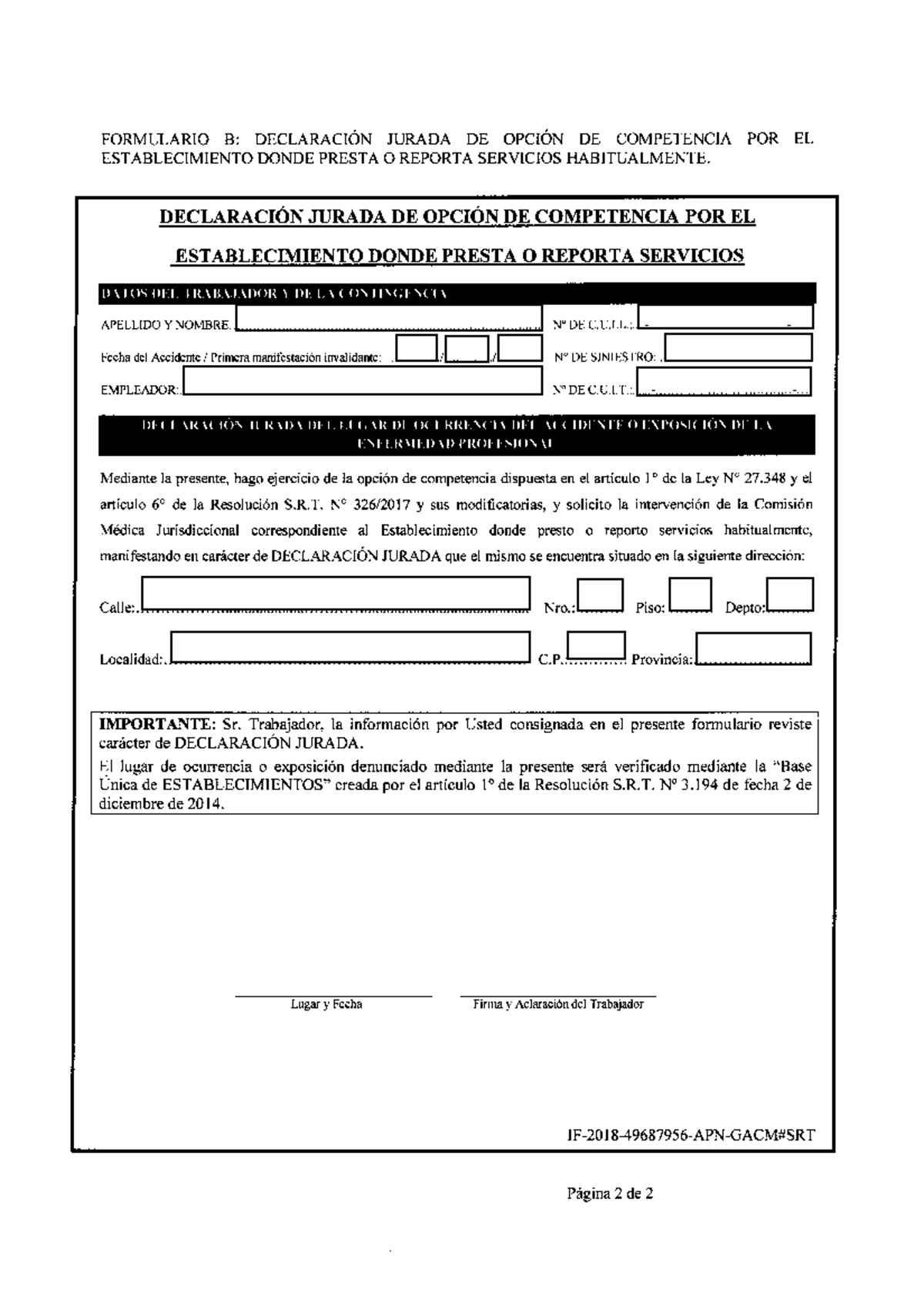 Formulario B - DDJJ: Opción de Domicilio y Competencia Laboral - Studocu