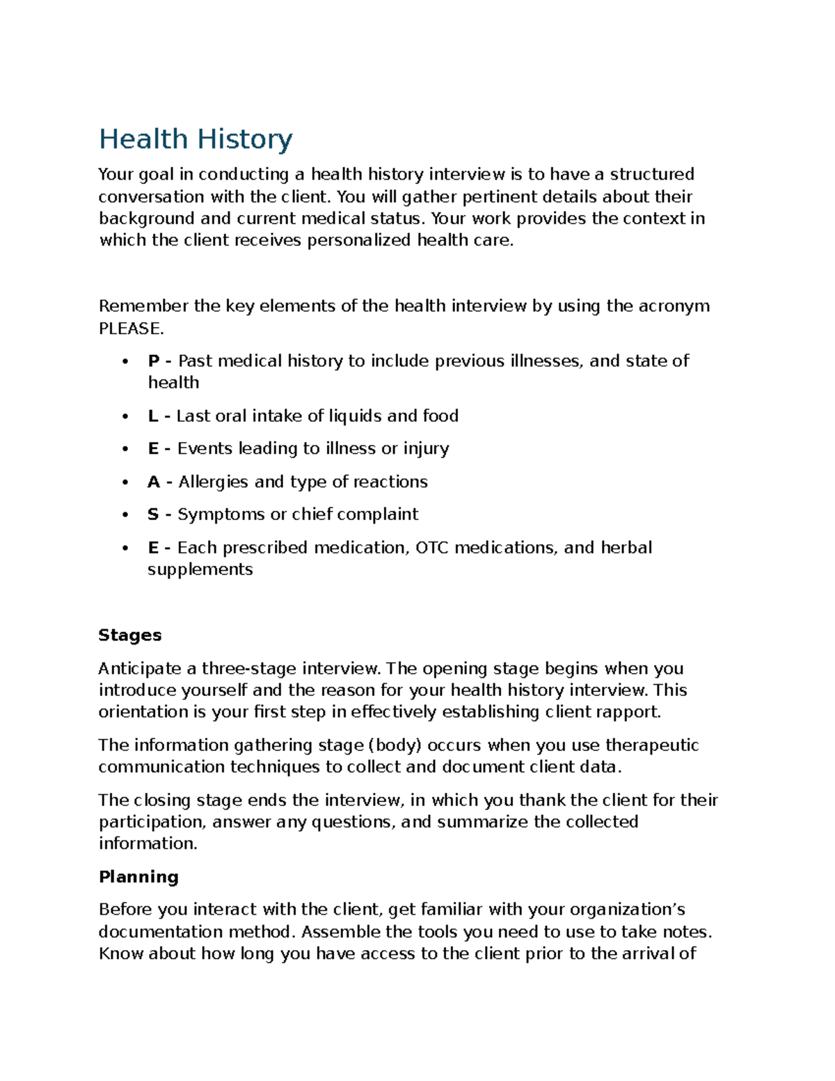 Health History Interview Guide: Key Elements and Techniques - Studocu