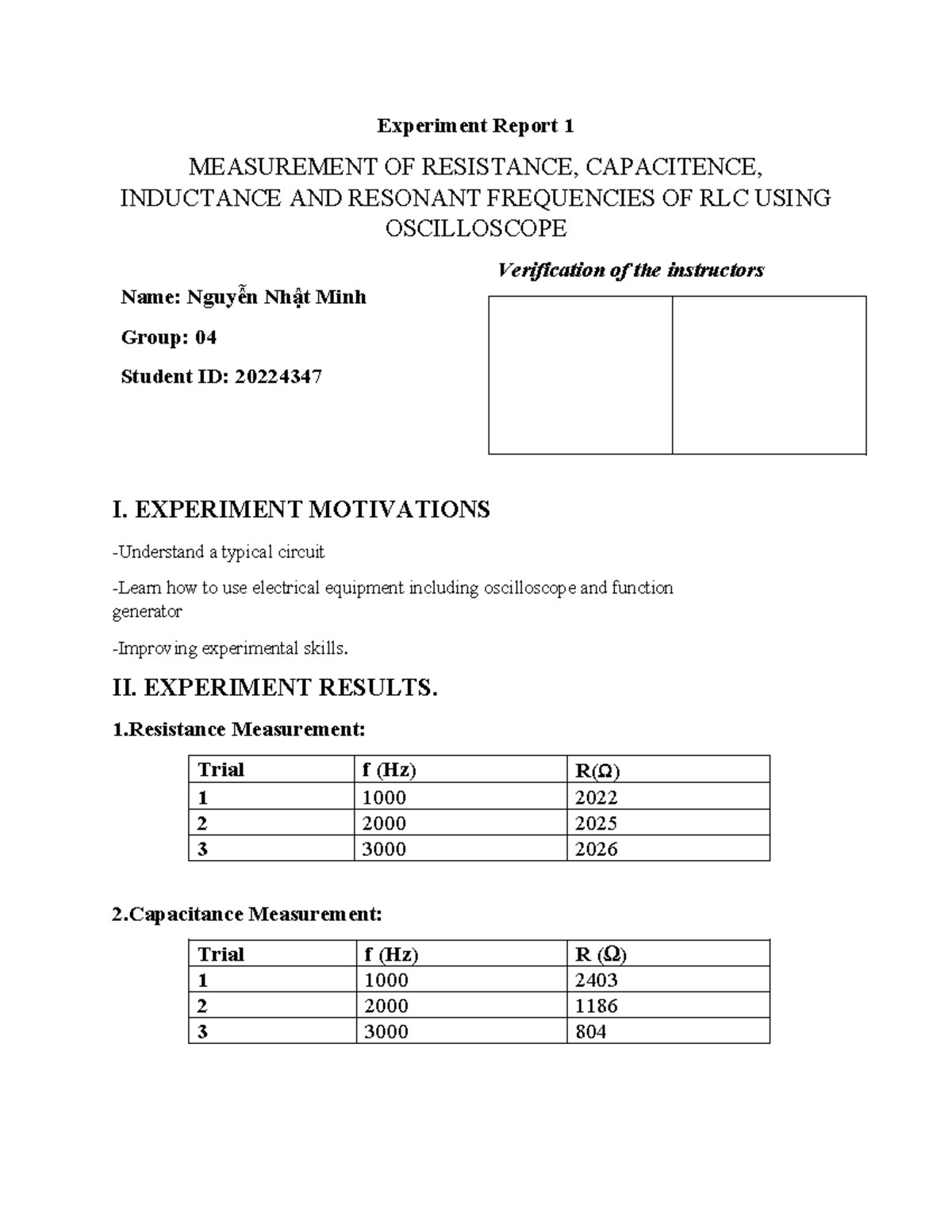 Experiment Report 1: RLC Circuit Measurements & Analysis (ENGR 101 ...
