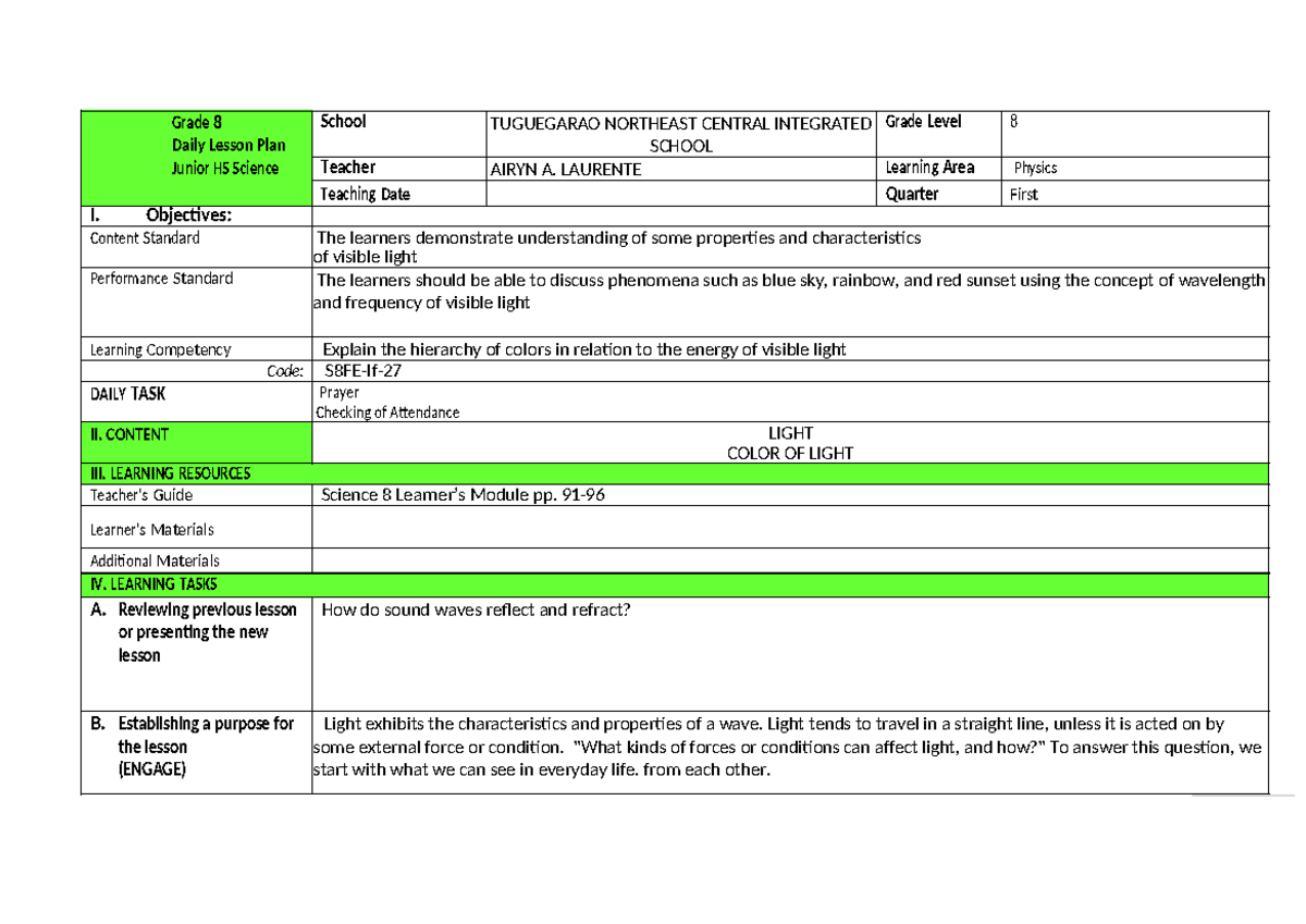 WEEK 4 Light - Celestial objects lesson - Grade 8 Daily Lesson Plan ...